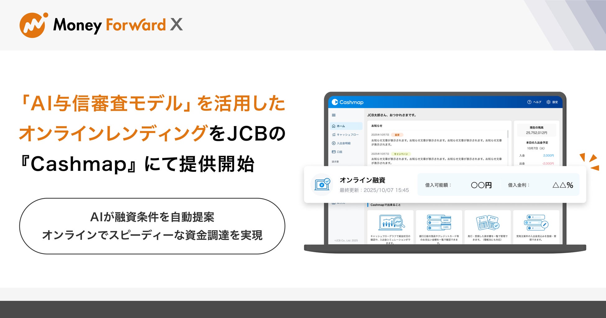 Money Forward X、「AI与信審査モデル」を活用したオンラインレンディングをJCBの『Cashmap』にて提供開始 | MONEY ZONE[マネーゾーン]